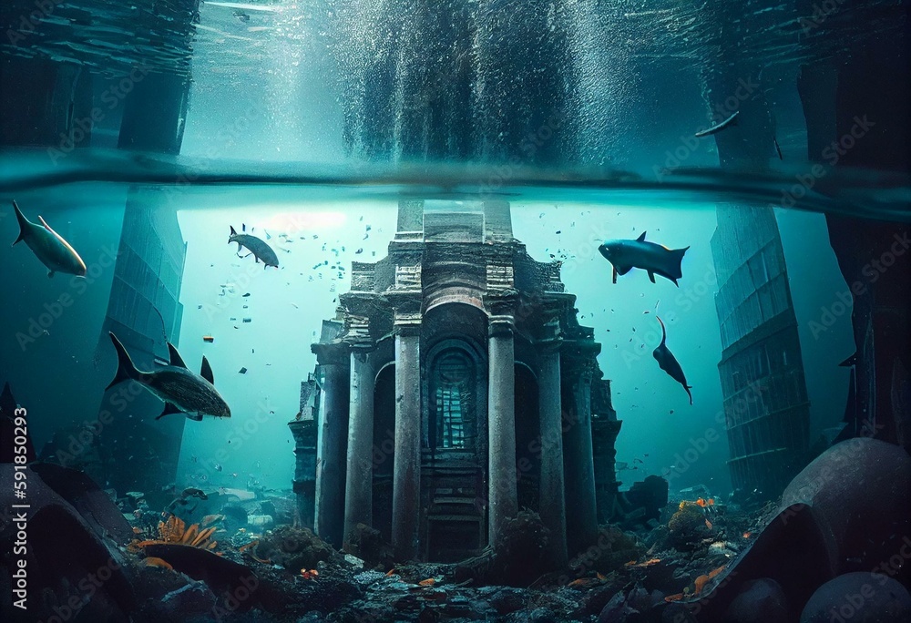 dead city submerged underwater, with only the tops of buildings visible ...