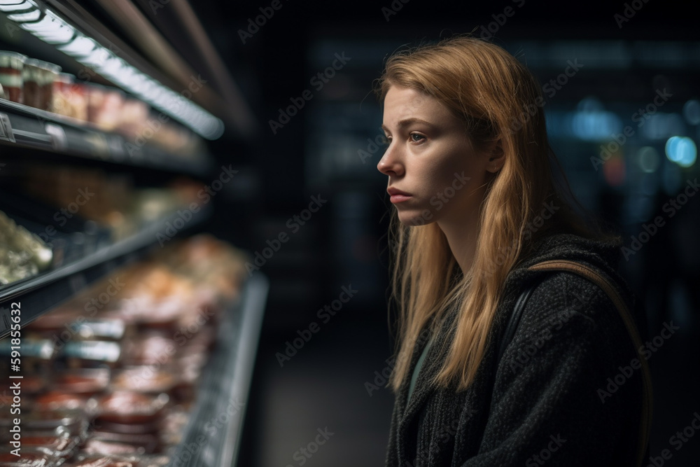 sad or almost crying young woman or teenager in a dark supermarket at a ...