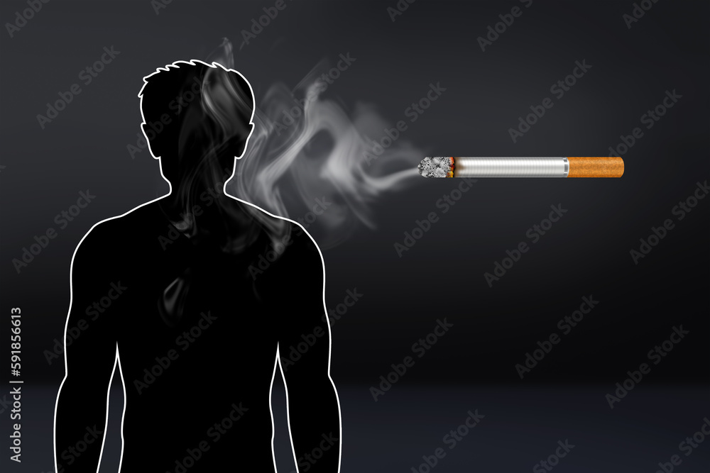 Silhouette of a man on a dark background with a cigarette and smoke ...
