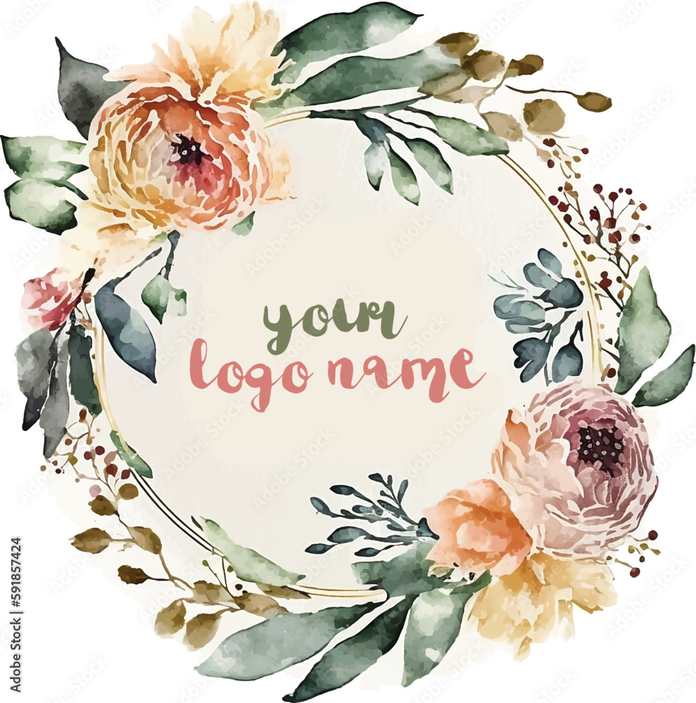 Watercolor Floral Logo, Round Floral Logo, modern Watercolor Logo, Logo ...