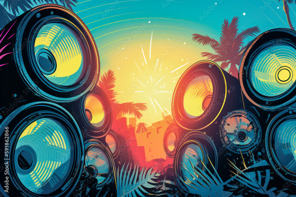 Ultra wide angle view of massive modern party speakers at a hot summer ...