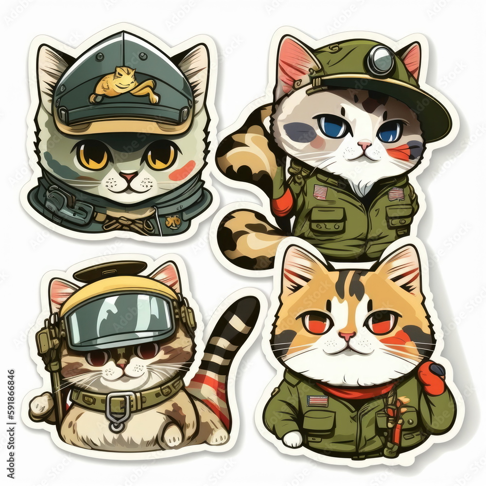 sticker design with happy cat wearing military uniform, vector, white ...
