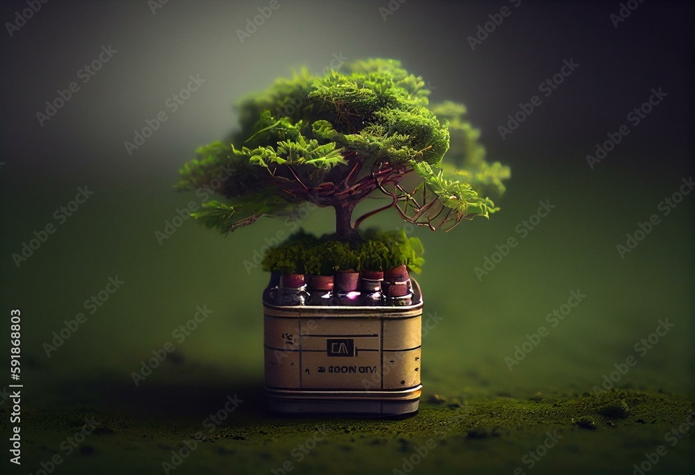 Tiny tree growing on a green battery. Green energy concept. Created ...