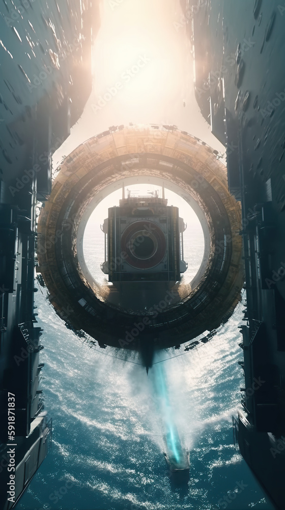 outer space, huge alien ship passing through a portal. Stock ...