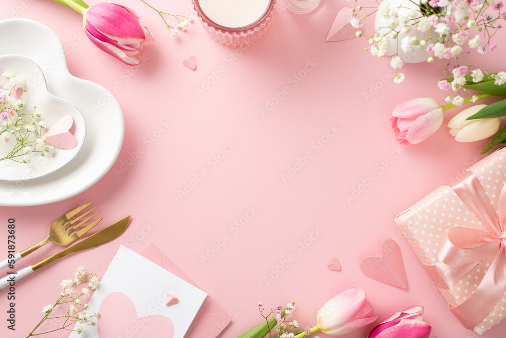 Stylish Mother's day celebration table. Top view flat lay of plates ...