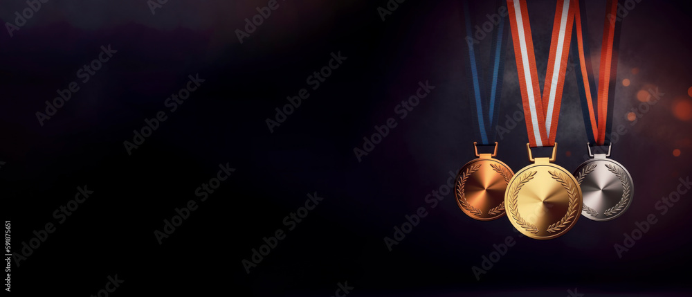 Set of three gold, silver and bronze medals with wreath embossing and ...