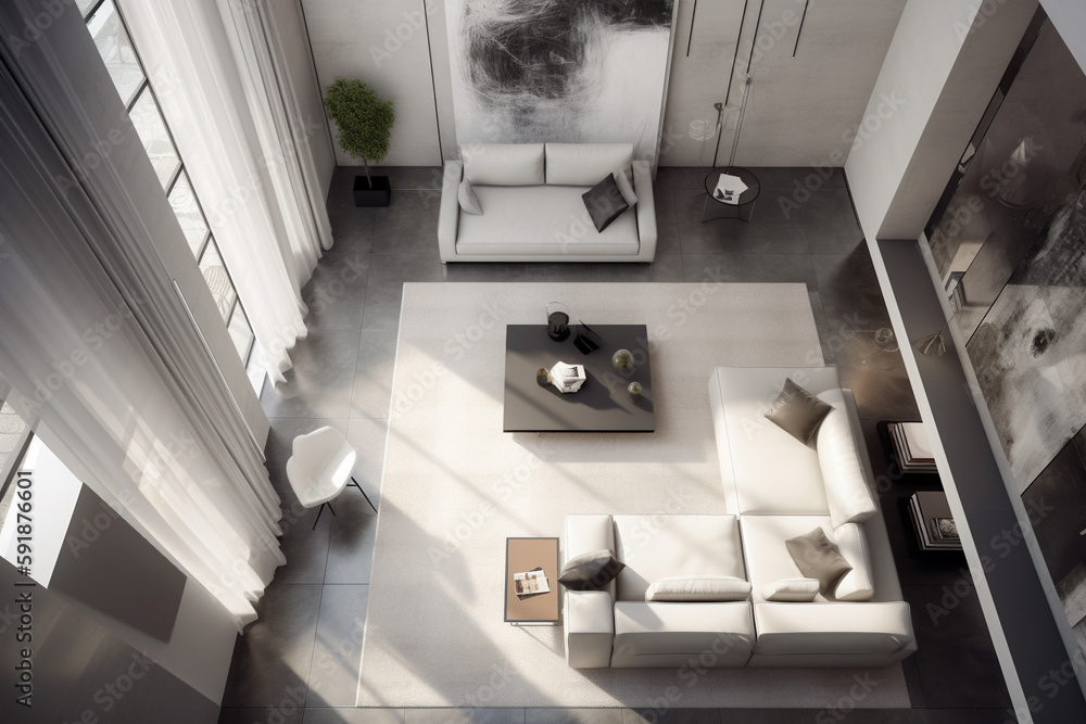 Elegant luxury modern living room high angle view, white tones, couch ...