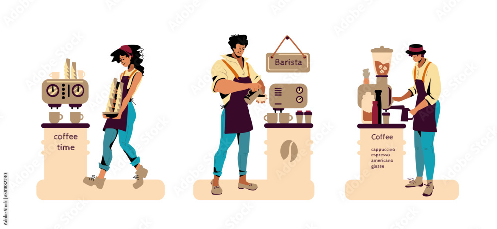 Set of cartoon characters of young people working as baristas ...
