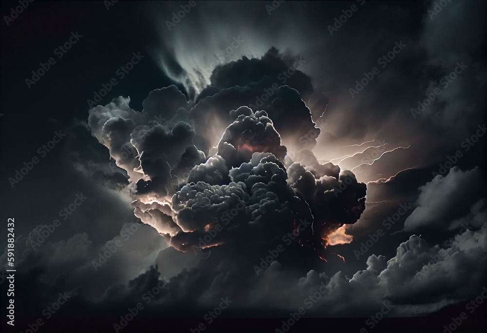 Dramatic dark storm thundercloud rain clouds on black sky background. Dark thunderstorm clouds ...