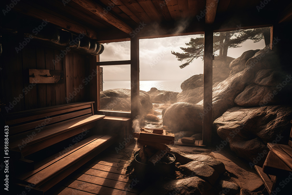 A relaxing scene of a sauna: The image show a sauna room with people ...
