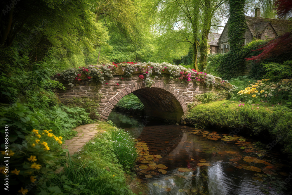 Charming, cobblestone bridge arching over a gently flowing stream ...