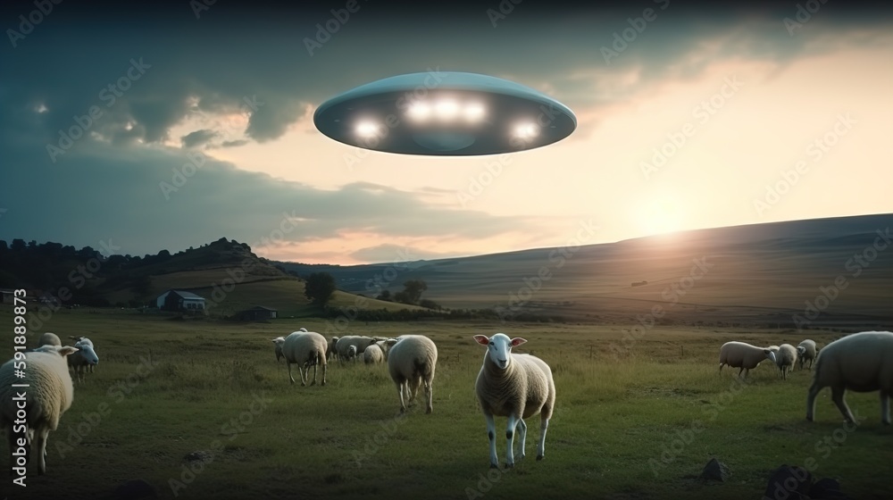 UFO sheep abduction. The concept of animal abduction by aliens. AI ...