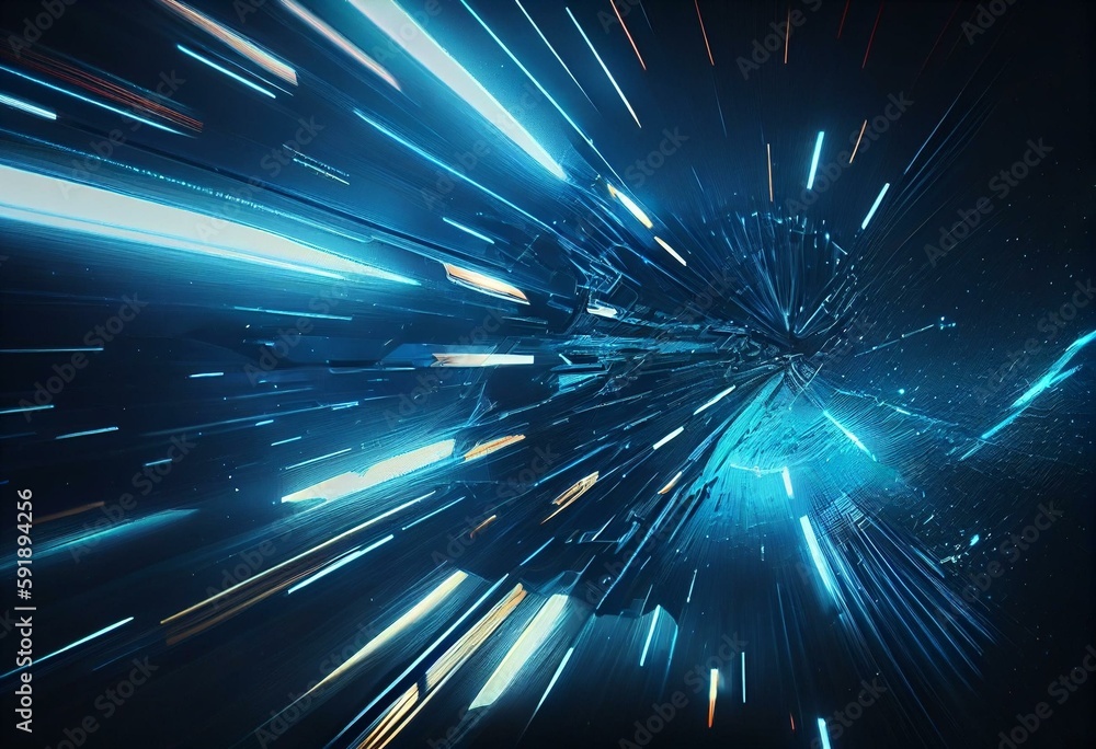 Futuristic fast moving blue particle light ray, digital dynamic hyperspace technology motion ...