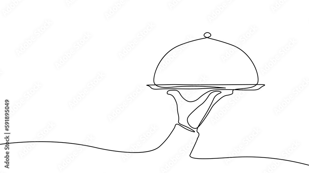 One line continuous waiter with tray closed lid restaurant concept. Hot ...