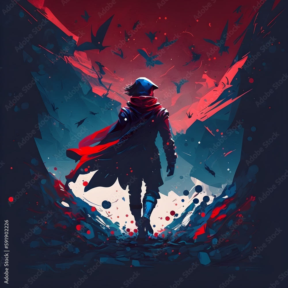 stylistic navy blue and burgundy red simplistic character design epic ...