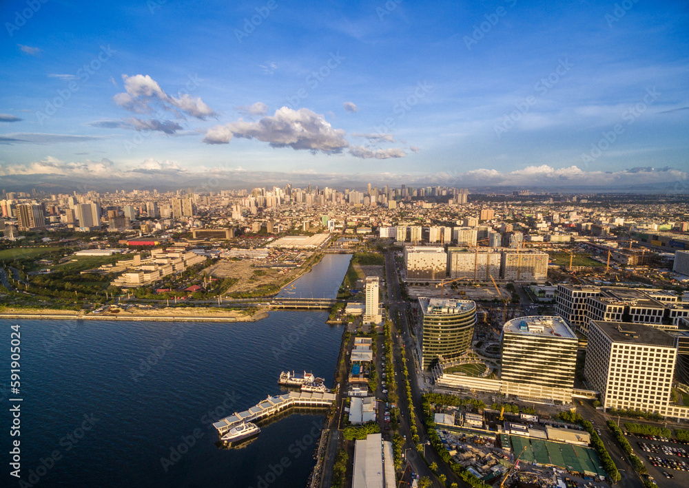 Manila Cityscape in Philippines. Blue Sky and Sunset Light. Pier in ...