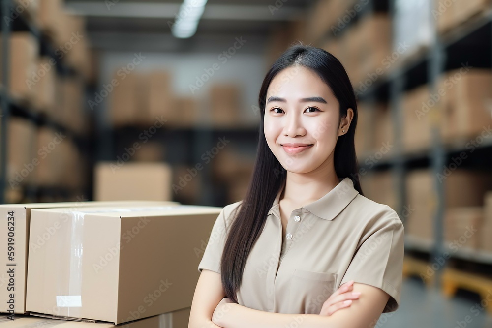 Young woman warehouse worker holding the package box in a warehouse ...