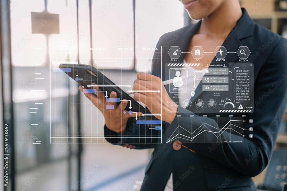 Business woman hand Project manager working and update tasks and Gantt ...