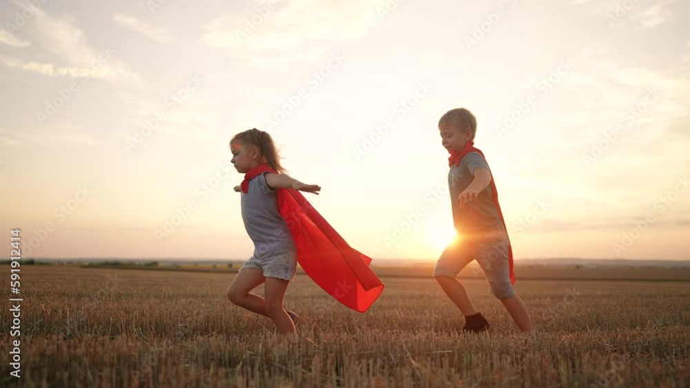 kid group superhero run. kids team happy family a dream concept. childs ...