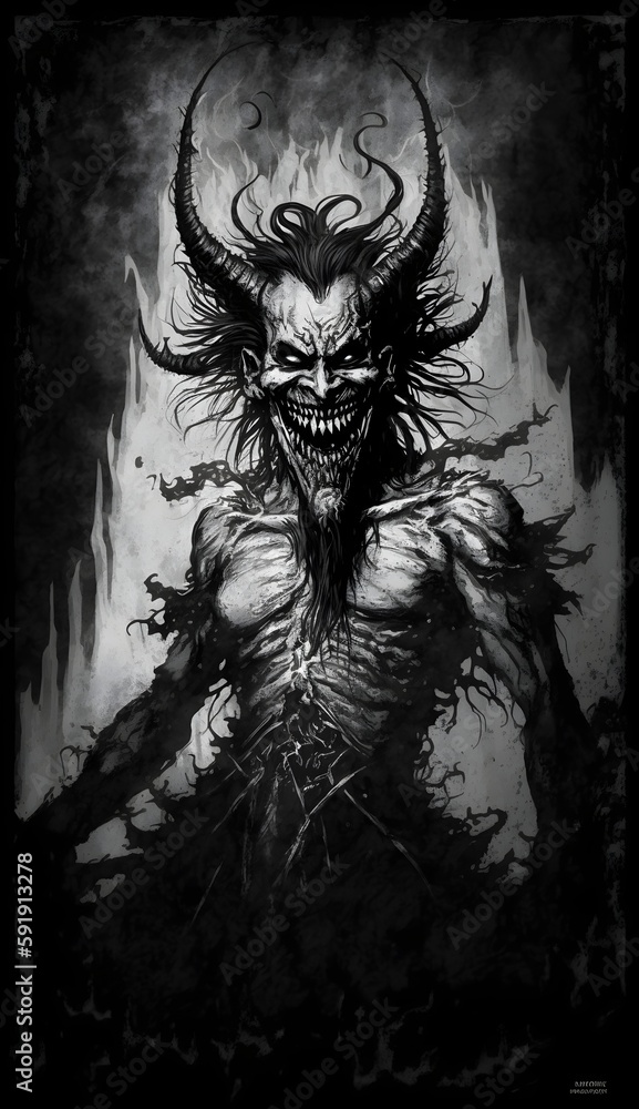 demon shadow creature smiling surrouded by a black mist litography old ...