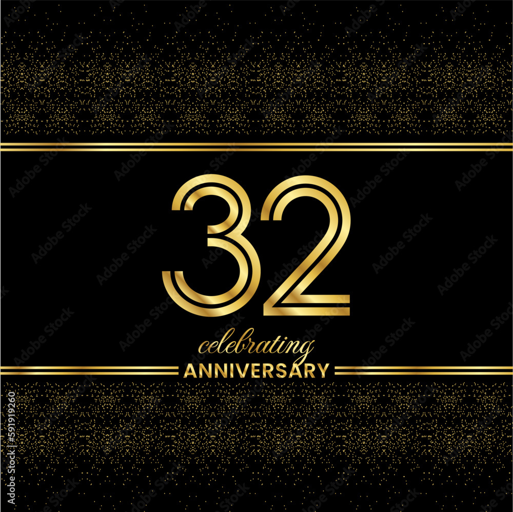 32 Golden Double Line Number. 32 Anniversary invitation cover with ...