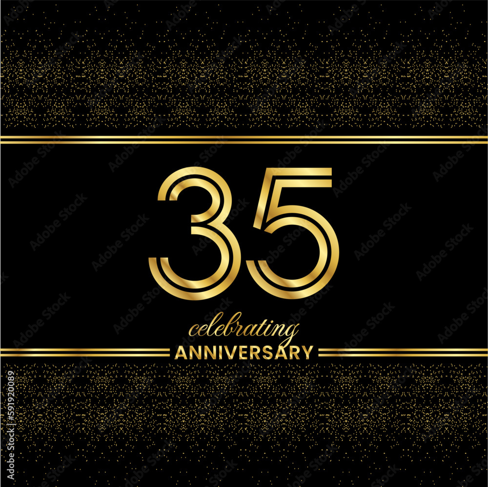35 Golden Double Line Number. Anniversary invitation cover with glitter separated by golden ...