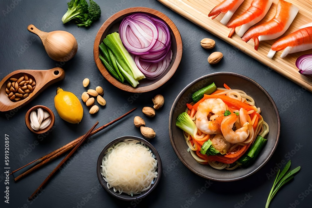 Flying wok ingredients - shrimp, vegetables, pak choi leaves, onions ...