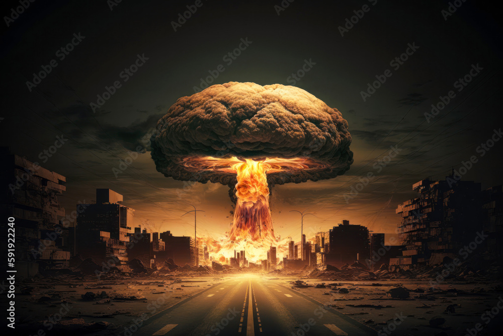 Huge nuclear bomb explosion, destroys buildings with an explosive wave ...