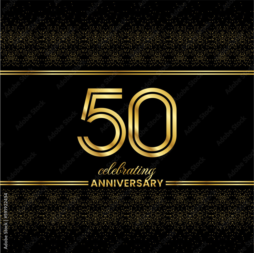 50 Golden Double Line Number. Anniversary invitation cover with glitter separated by golden ...