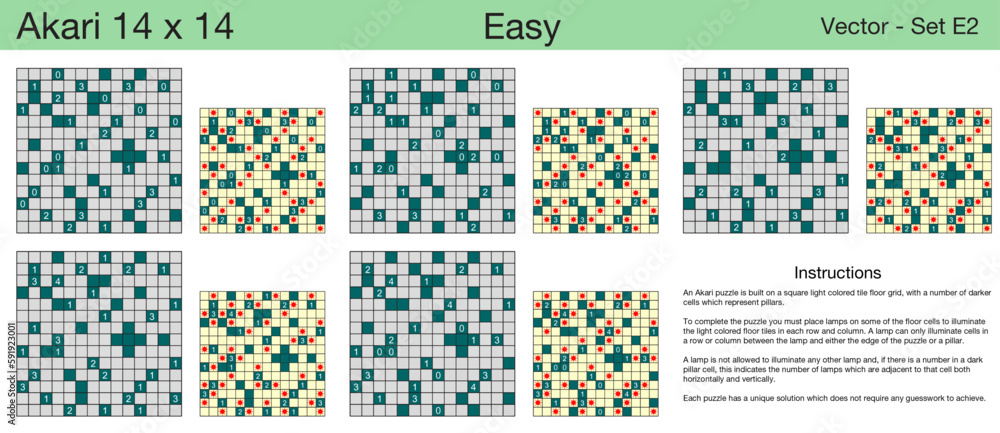 5 Easy Akari 14 x 14 Puzzles. A set of scalable puzzles for kids and ...