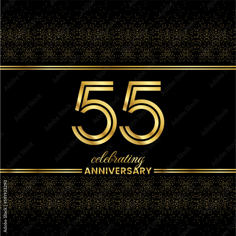 55 Golden Double Line Number. Anniversary invitation cover with glitter separated by golden ...