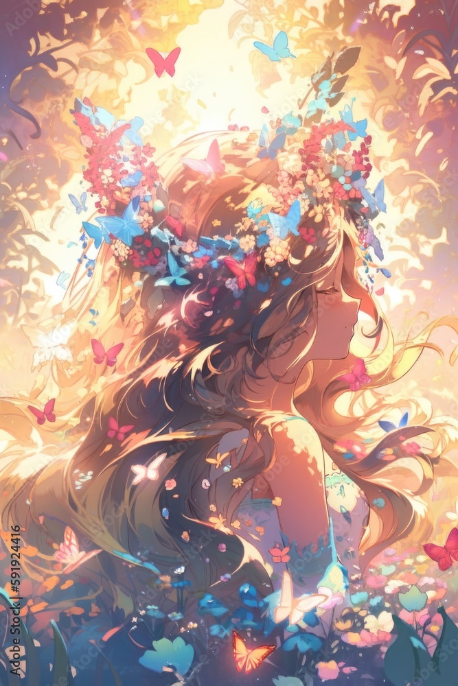 Anime girl portrait, spring goddess, flower forest, full of light, made ...