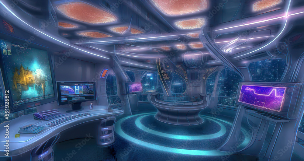 Futuristic interior of an office of the future cyberpunk city. With a ...