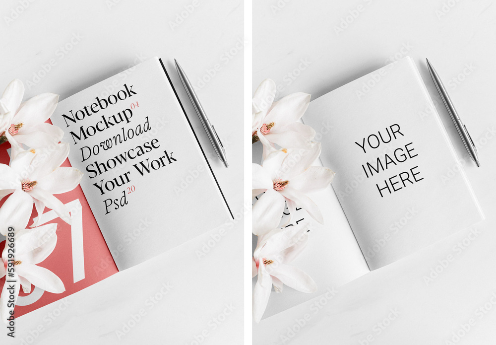 Notebook with Flowers Mockup Stock Template | Adobe Stock