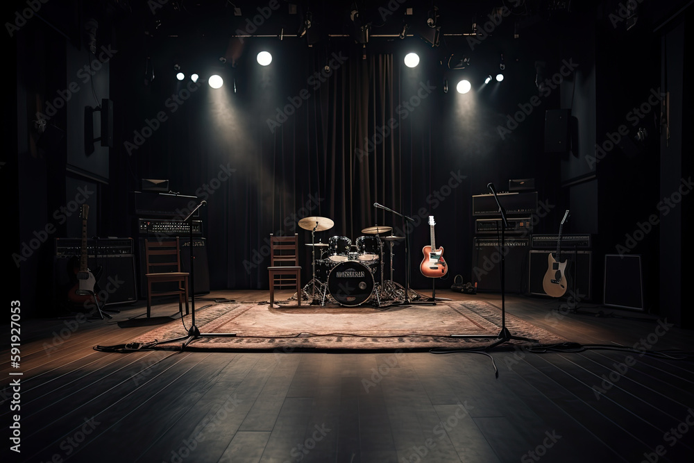 Empty Stage With Mic And Guitar