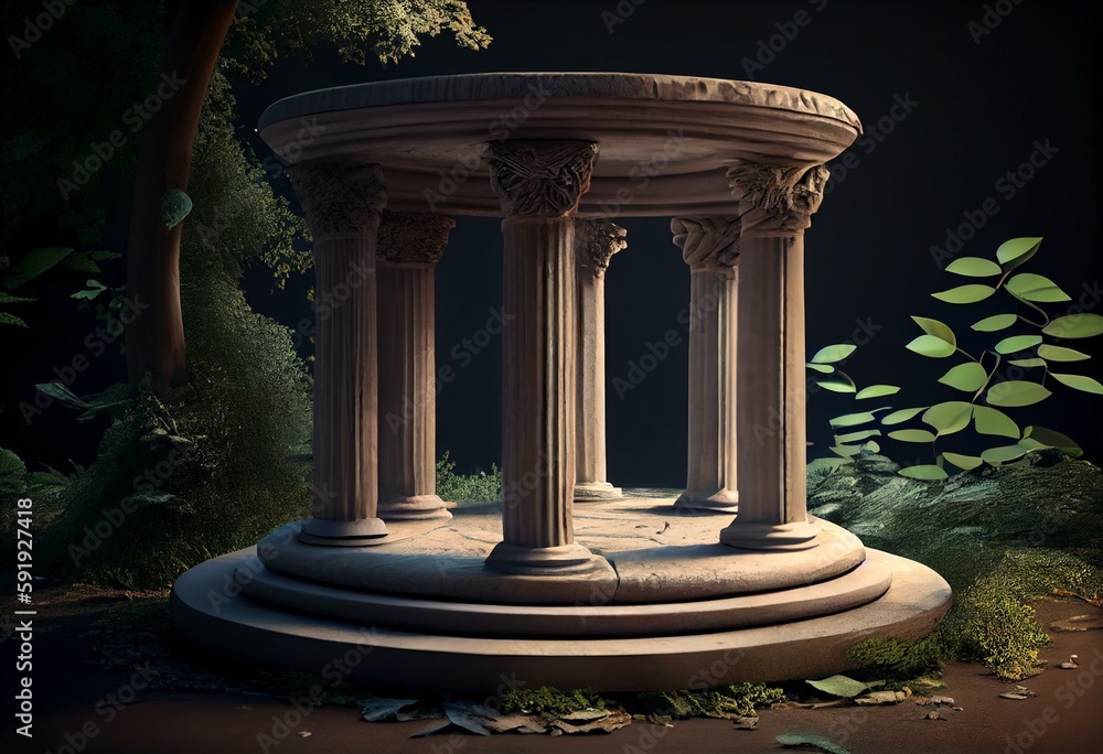 Round stone platform with Corinthian pillars and natural trees with ...