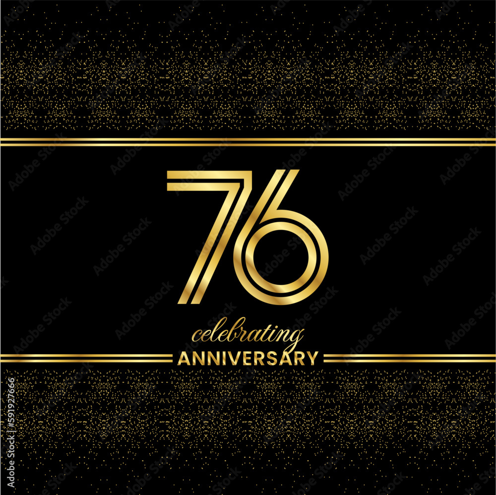 76 Golden Double Line Number. Anniversary invitation cover with glitter separated by golden ...