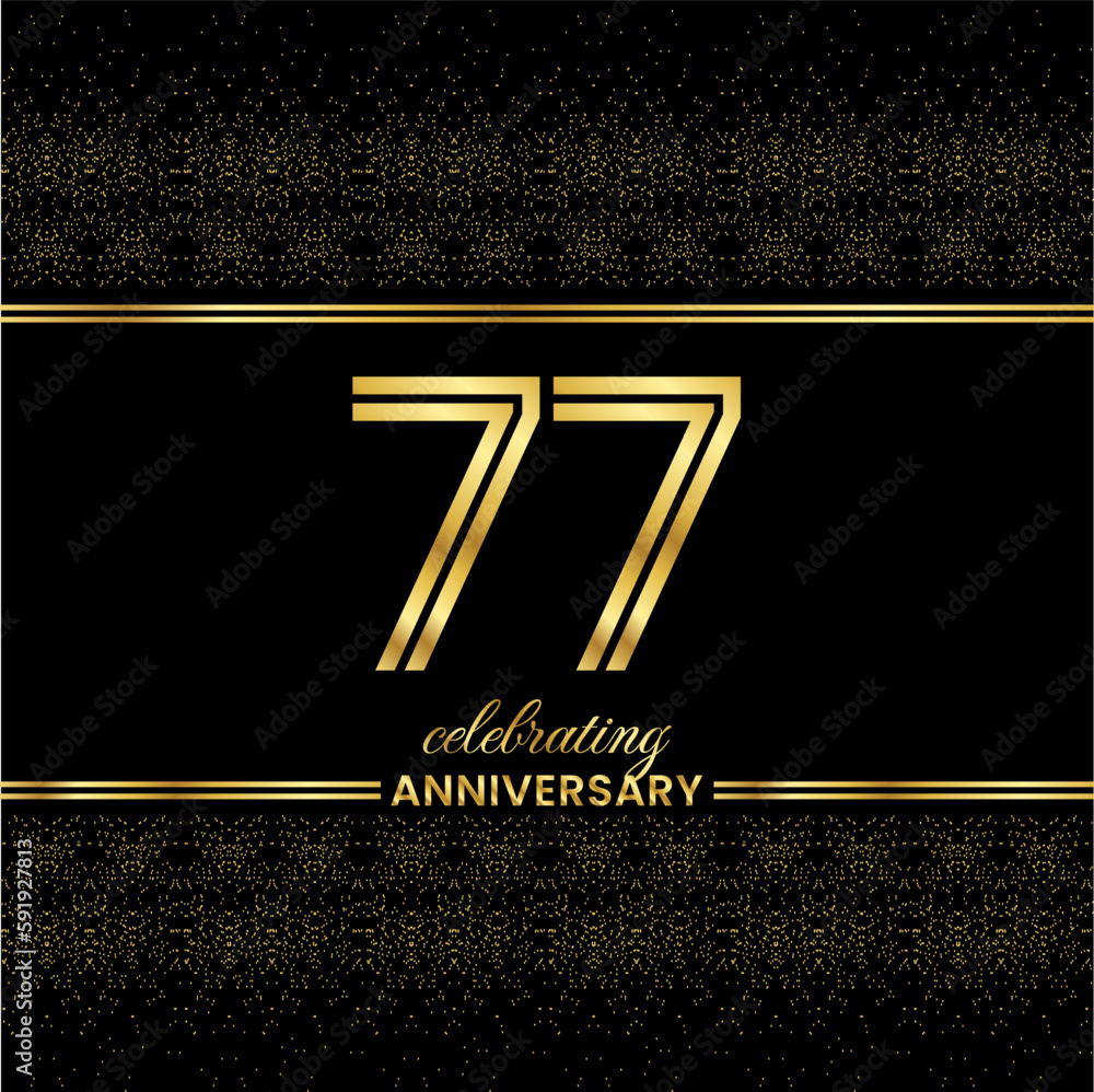 77 Golden Double Line Number. Anniversary invitation cover with glitter separated by golden ...
