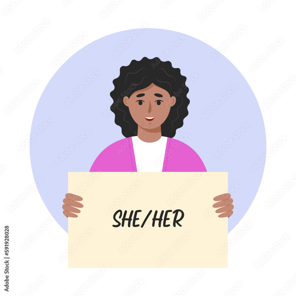 Woman holding sign with gender pronoun She. Isolated vector ...
