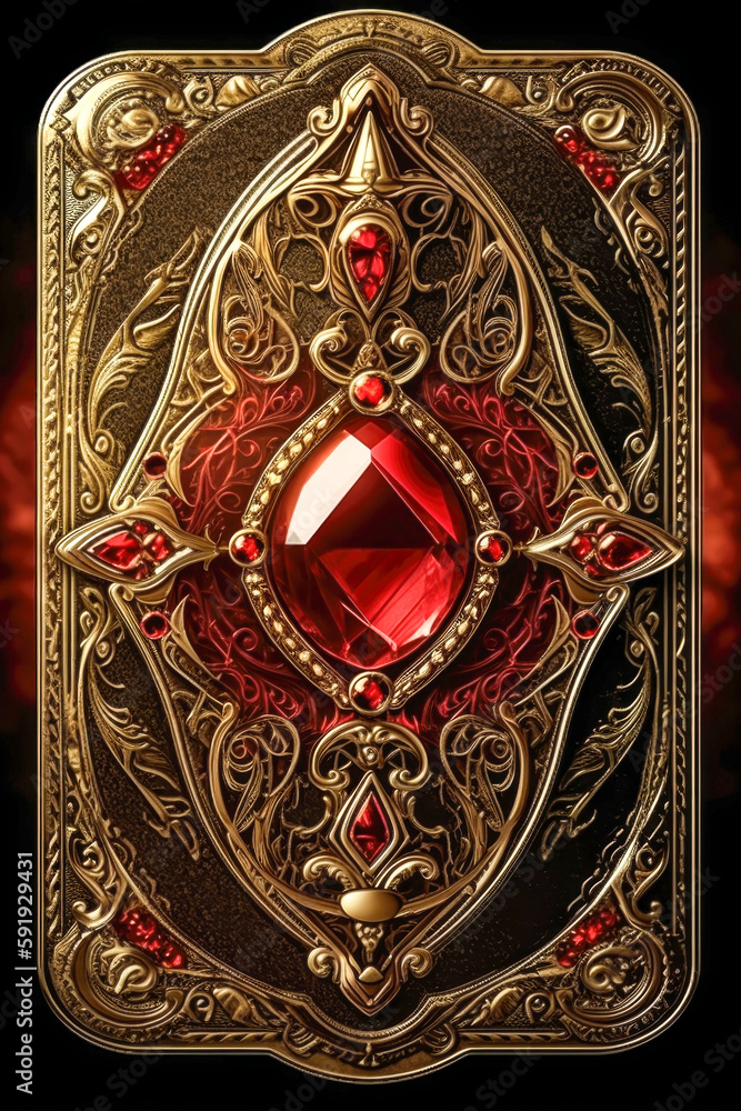 Ornamental fantasy card deck back design with gems and gold filigree ...