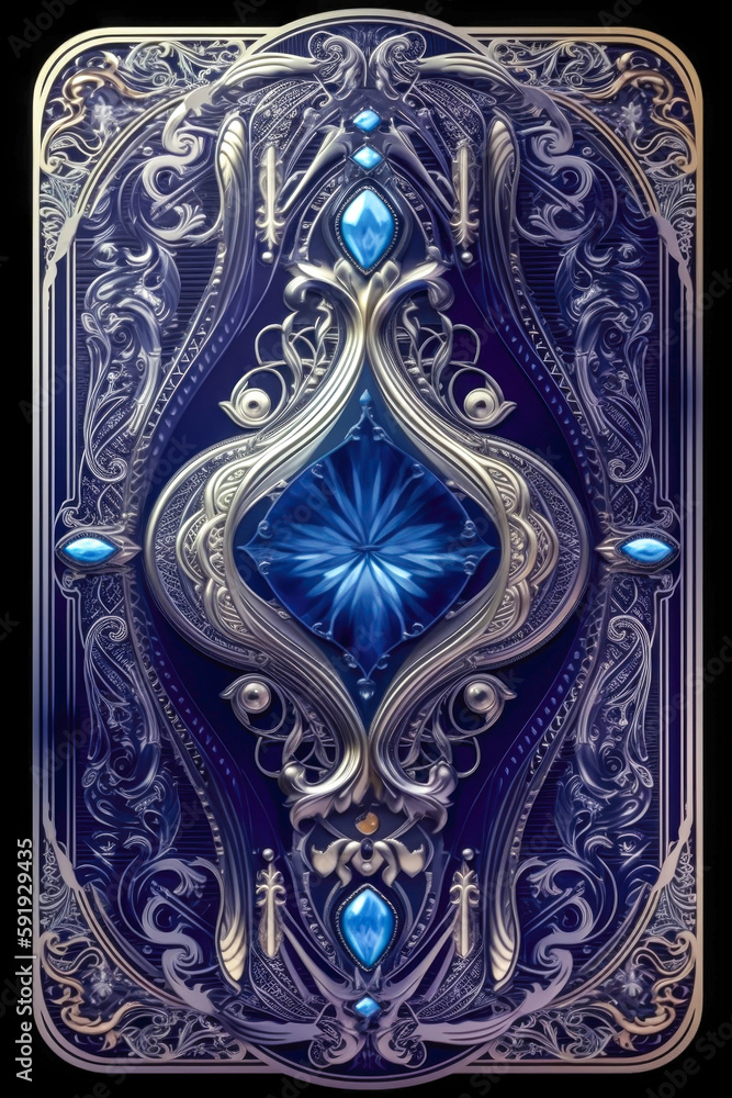 Ornamental fantasy card deck back design with gems and gold filigree ...