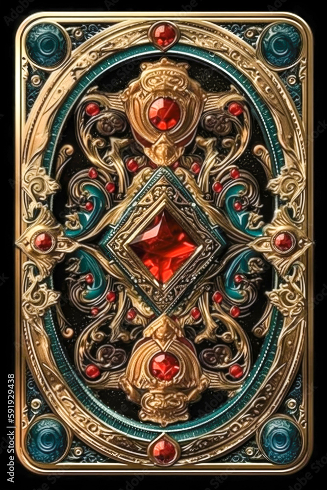 Ornamental fantasy card deck back design with gems and gold filigree ...