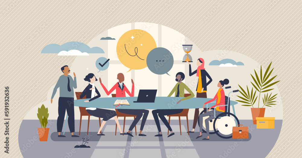 Diversity and inclusion in workplace as team acceptance tiny person concept. Teamwork power with ...