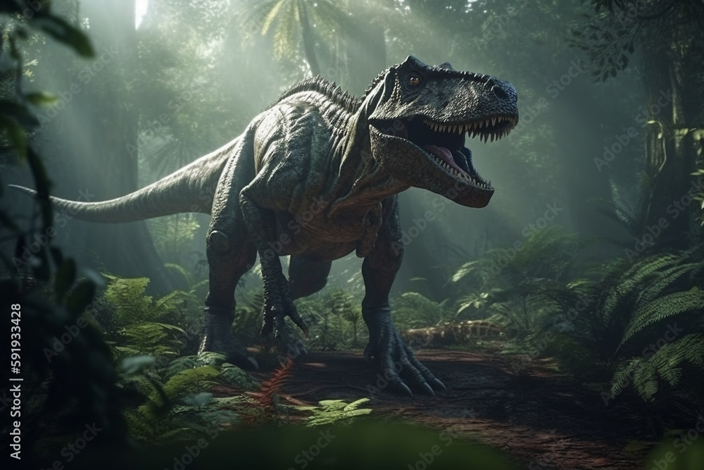 T-Rex dinosaur in the jungle, with its mouth open in a menacing growl ...