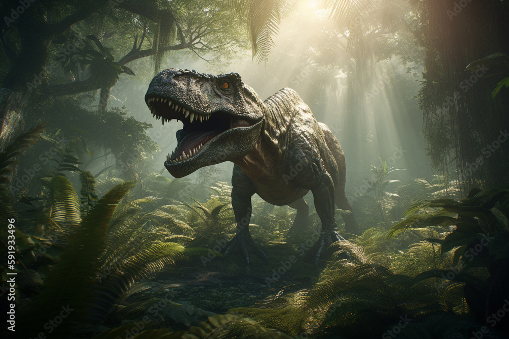 T-Rex dinosaur in the jungle, with its mouth open in a menacing growl ...