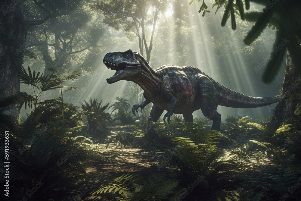 T-Rex dinosaur in the jungle, with its mouth open in a menacing growl ...