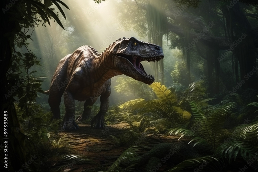 T-Rex dinosaur in the jungle, with its mouth open in a menacing growl ...