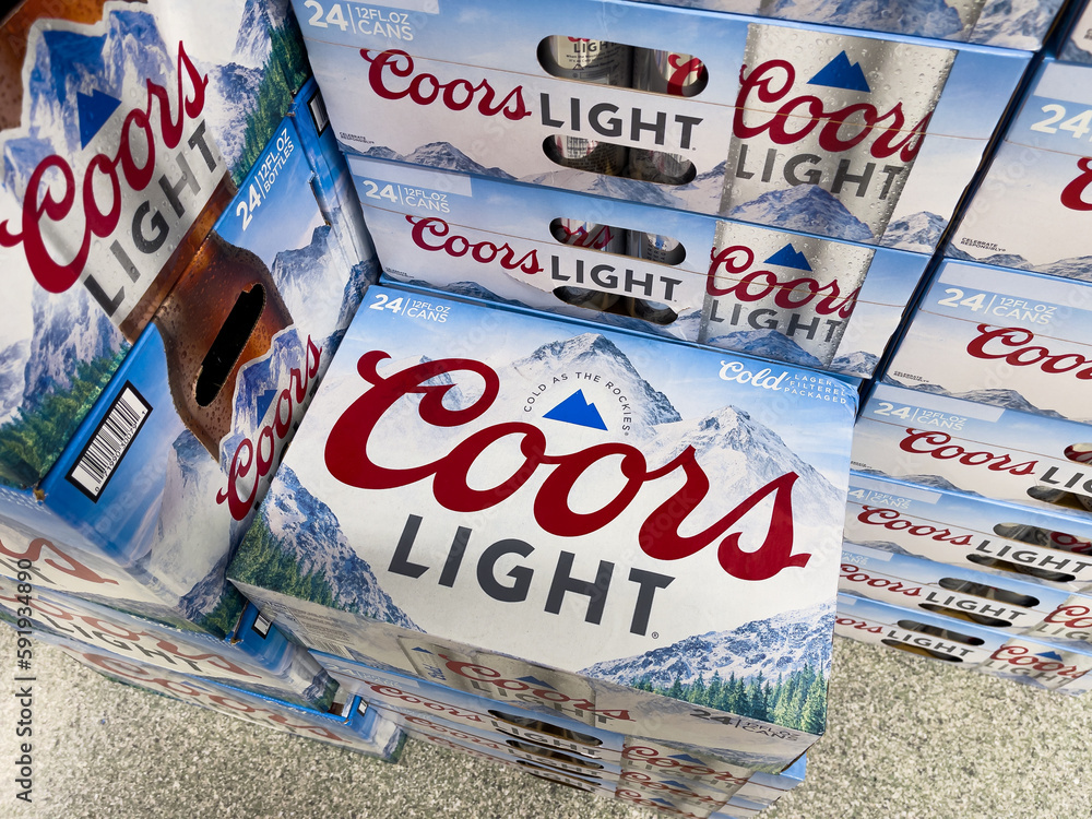 ATLANTA, GEORGIA - APRIL 12, 2023 : Coors Light 24 pack beer display at local grocery store ...