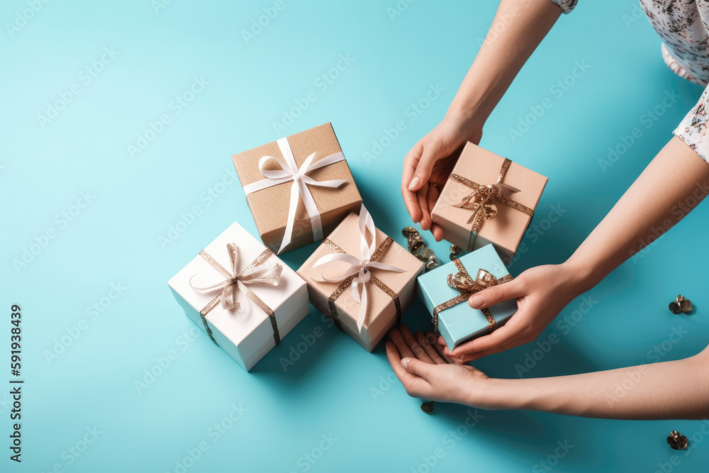 A gift exchange between a couple, friends or famaly, with hands holding ...