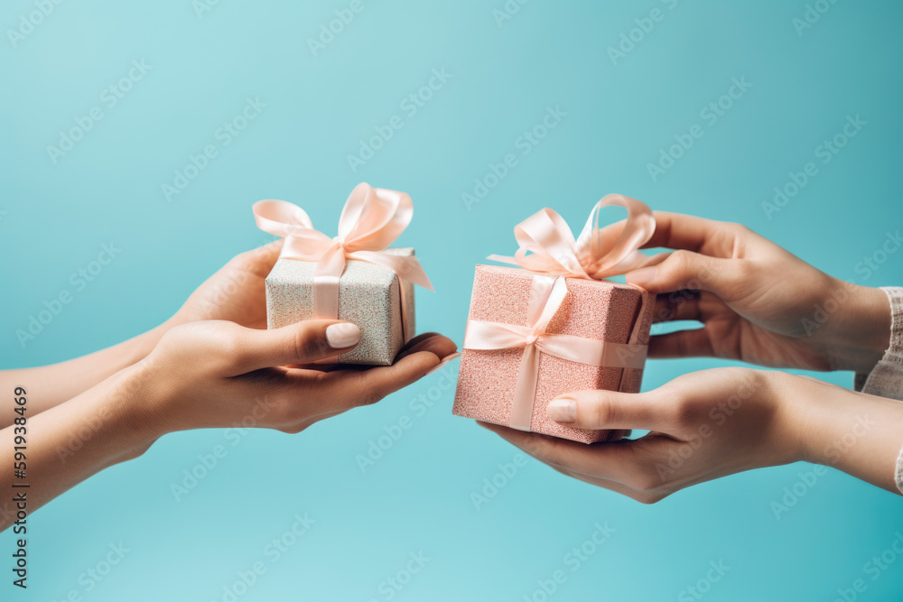 A gift exchange between a couple, friends or famaly, with hands holding ...